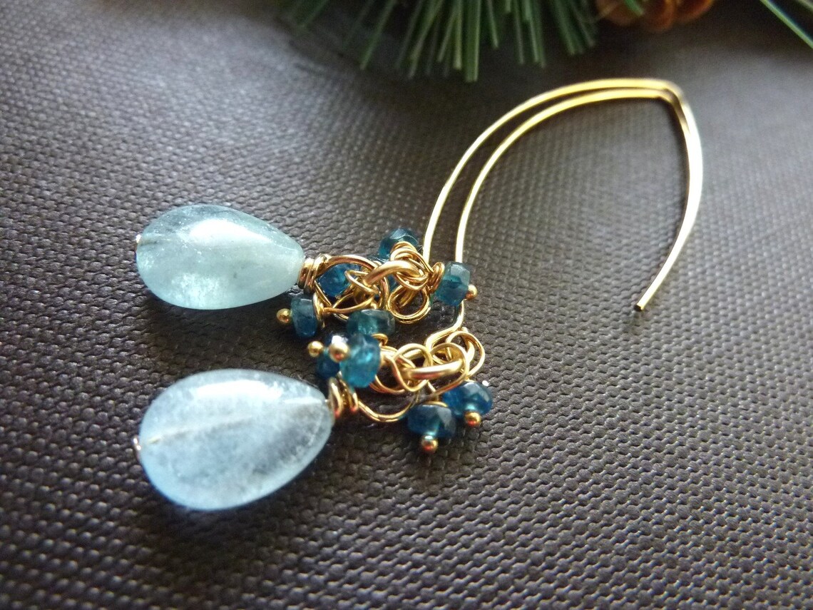 Icy Blue Aquamarine Apatite Gems Cluster Golden Long Lotus - Etsy