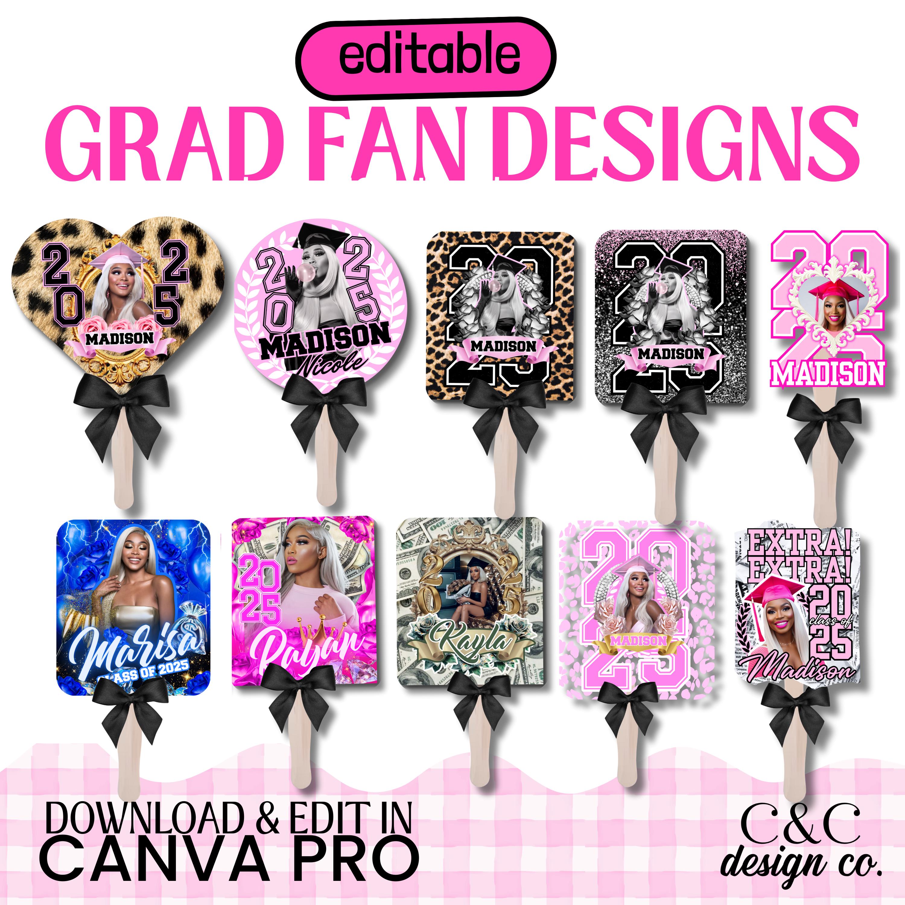 Canva Pro Editable Grad Fan Templates – 10 Graduation Hand Fans | Class ...