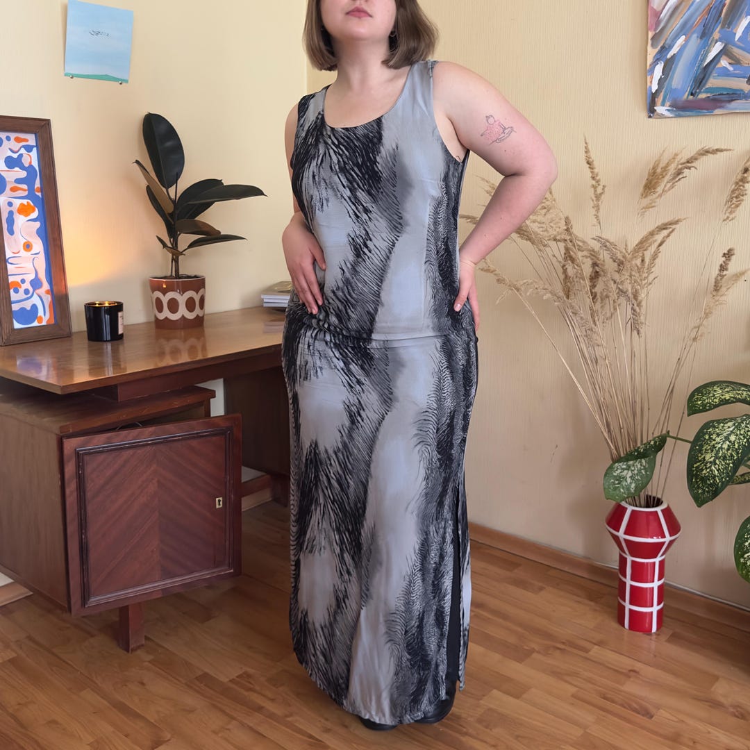 Vintage Abstract Gray Maxi Dress by Elysio Florence – Graphic Art Print ...