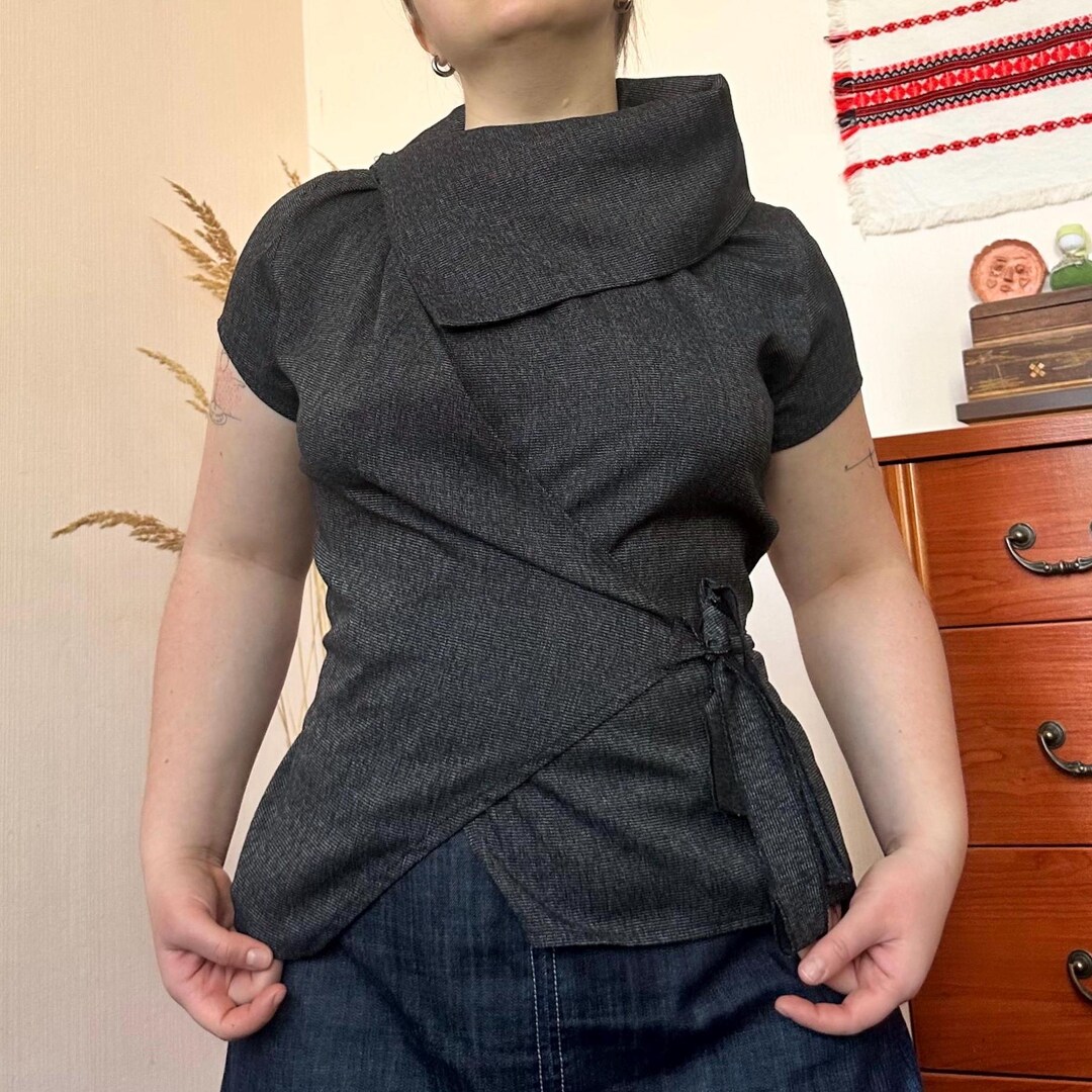 Vintage Gray Wrap Statement Blouse - Asymmetrical Deconstructed Tie ...