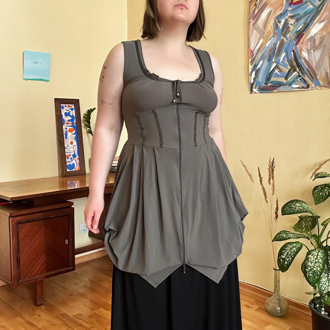 Vintage Deconstructed Khaki Corset Tunic: Grunge Asymmetrical Mini ...