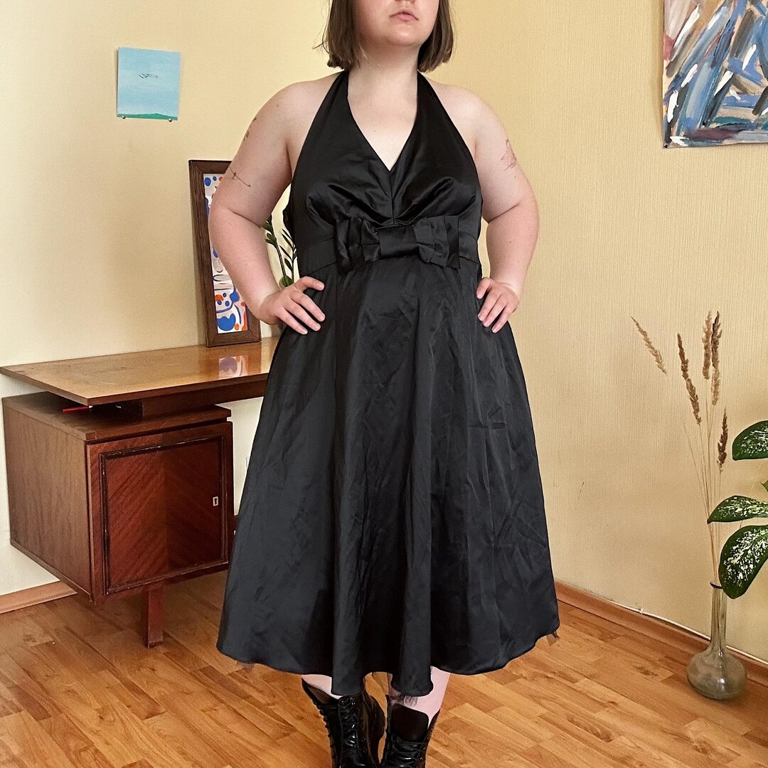 Vintage Y2K Black Halter Neck Midi Dress - Gothic Glam Backless Dress, Vintage Maternity ...