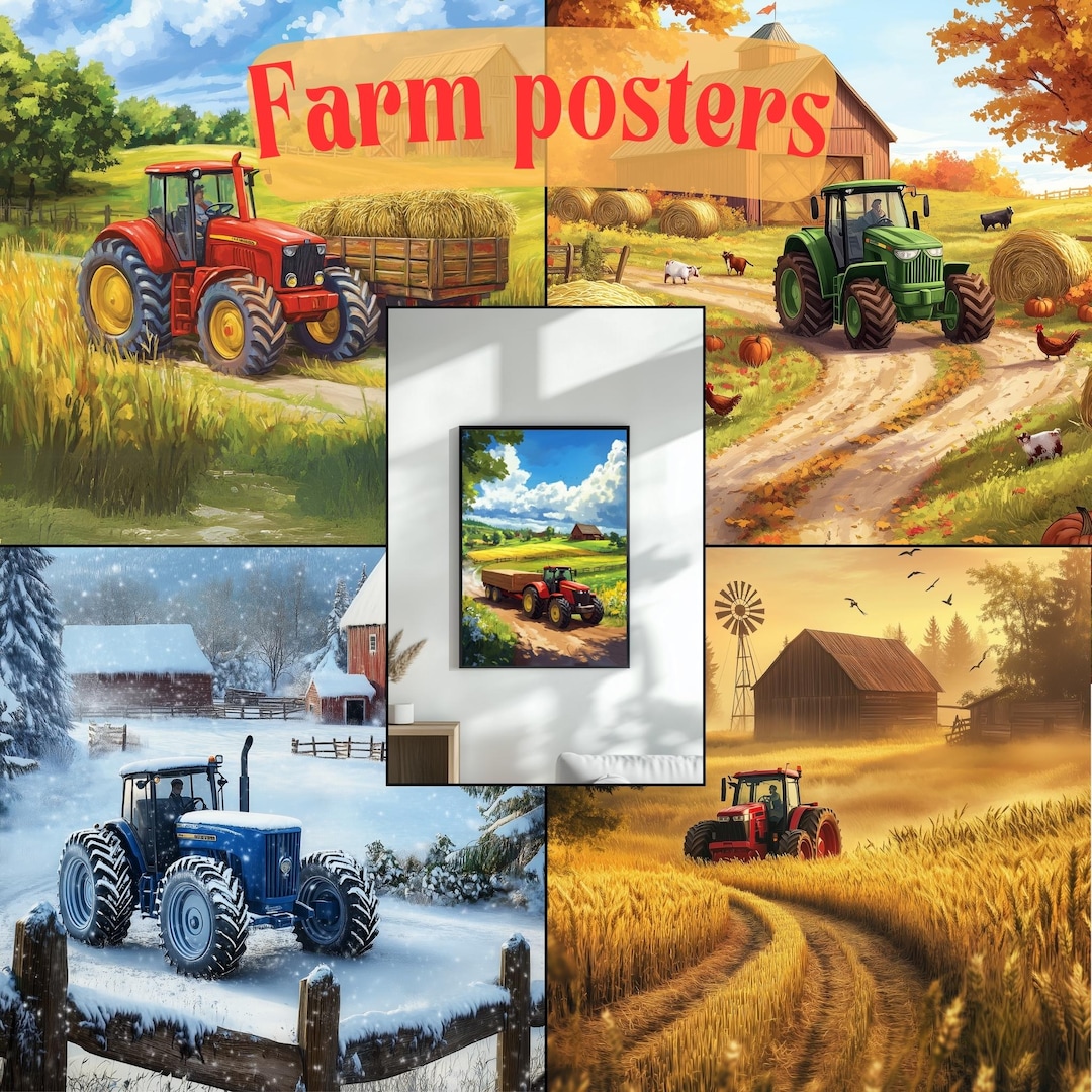 Farm Tractor Posters Set – 5 Printable Wall Art Designs, Digital ...