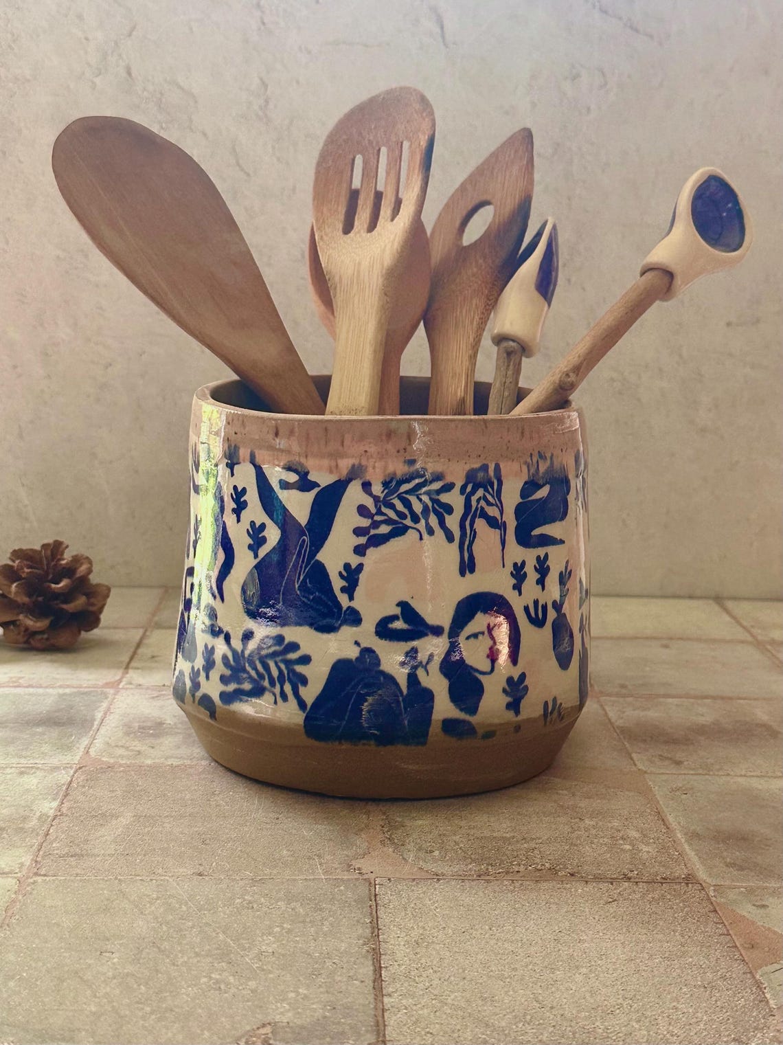 Ceramic Utensil Holder, Matisse Inspired Dancing Ladies Pink and Blue ...