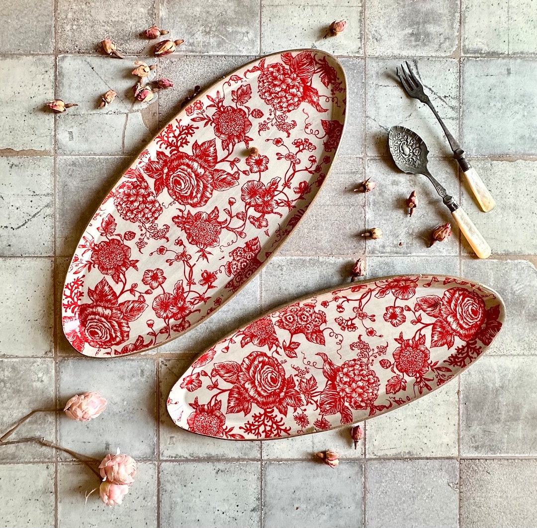 Handmade Ceramic Oval Serving Platter Set: Red Floral Table Decor - Etsy
