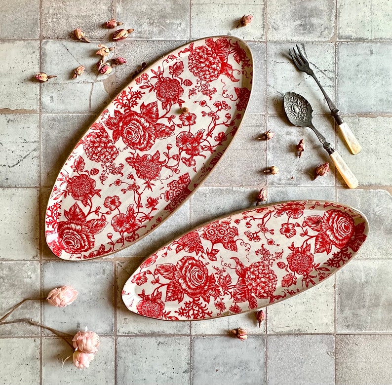 Handmade Ceramic Oval Serving Platter Set: Red Floral Table Decor - Etsy