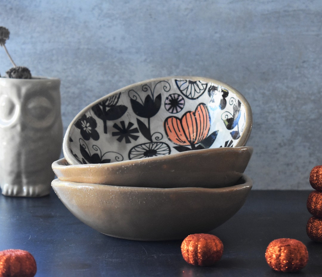 Set of Two Floral Pottery Bowl, Rustic Pottery Bowls, Handmade Pottery ...