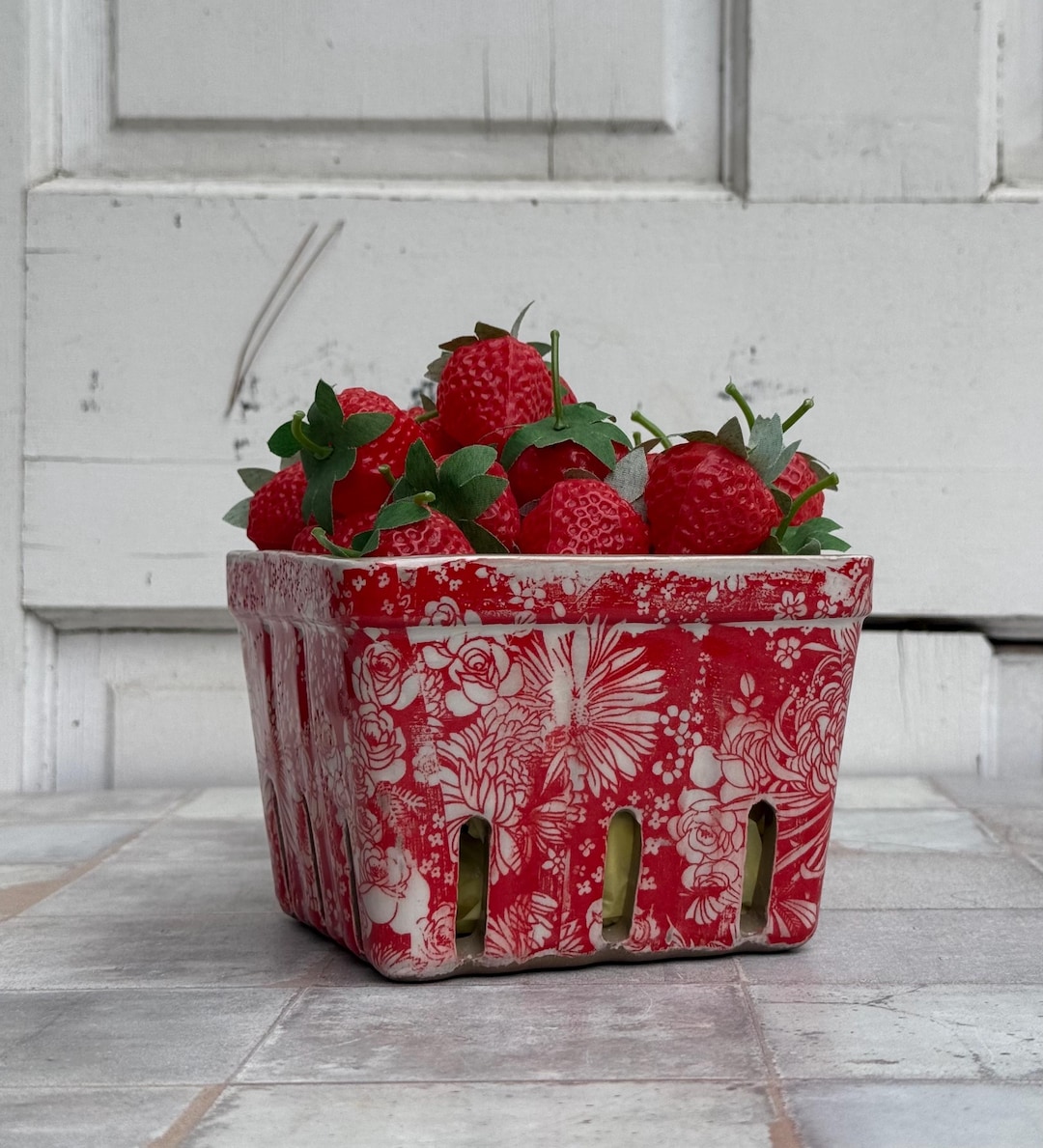 Handmade Stoneware Berry Basket: Red Floral Kitchen Decor - Etsy