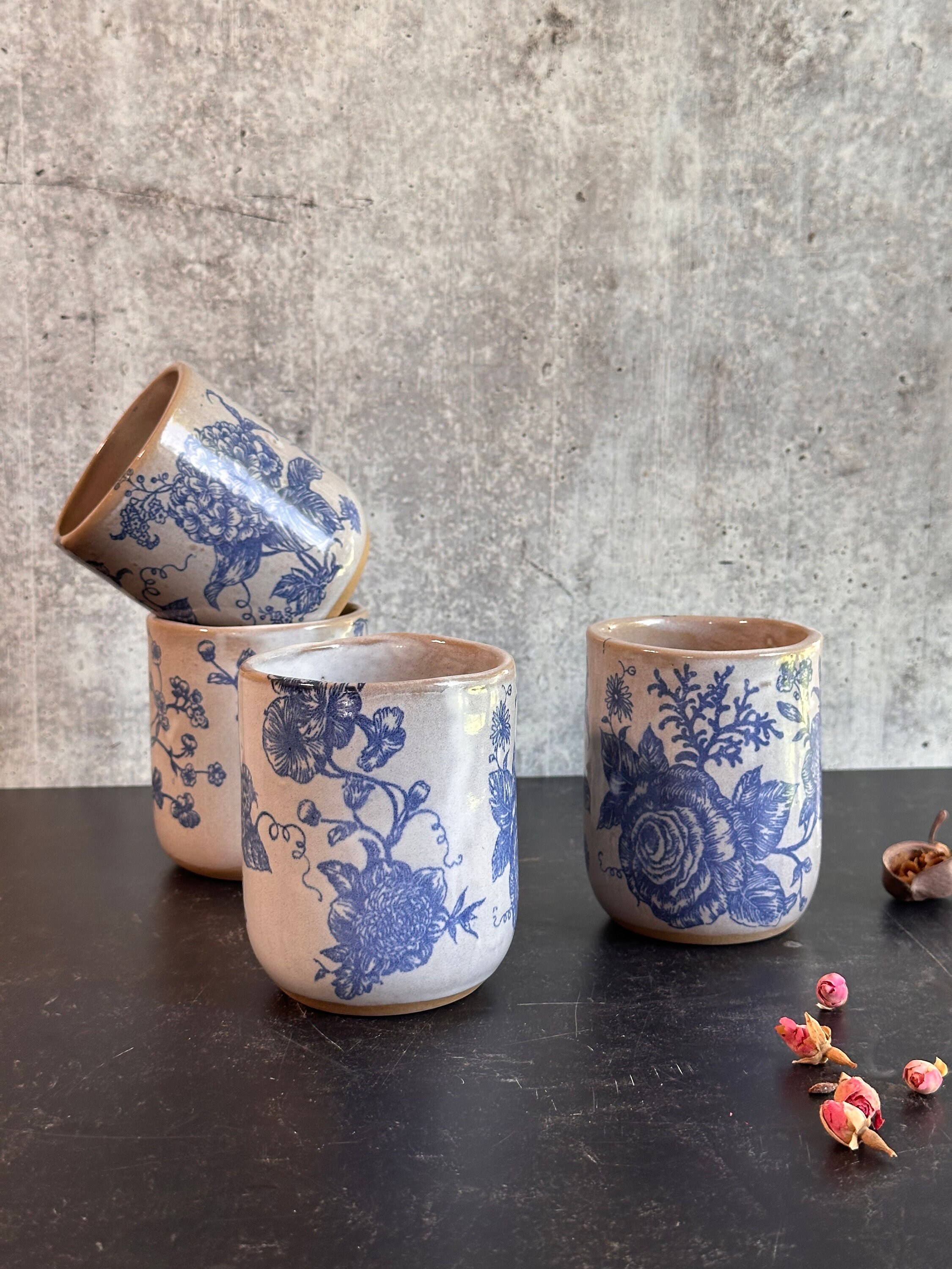 Handless Ceramic Cup Set, Chinoiserie Mug, Floral Pottery Cup, Handmade ...