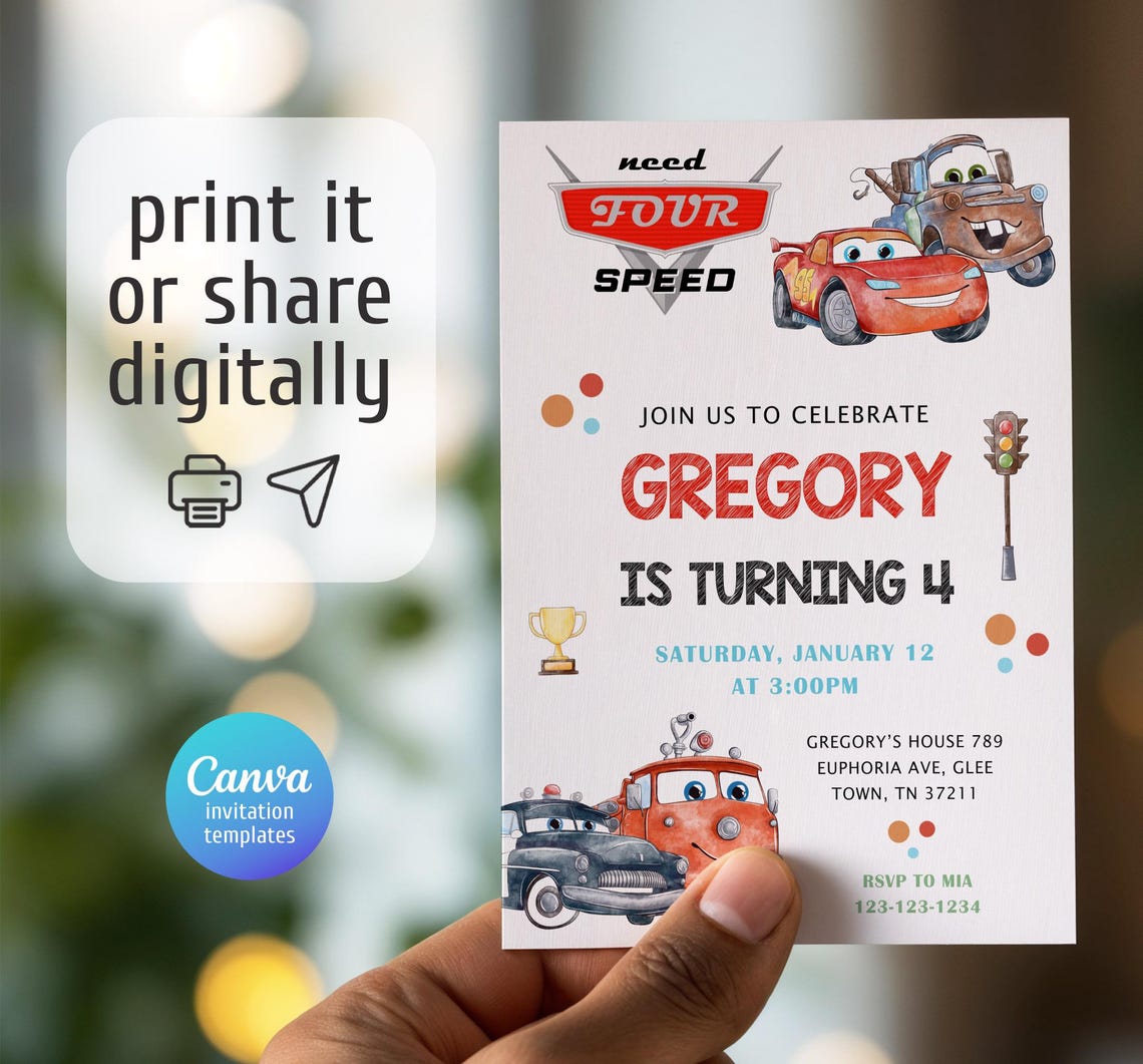 Printable Cars Invitation, Lightning Mcqueen Invite, Birthday Party ...