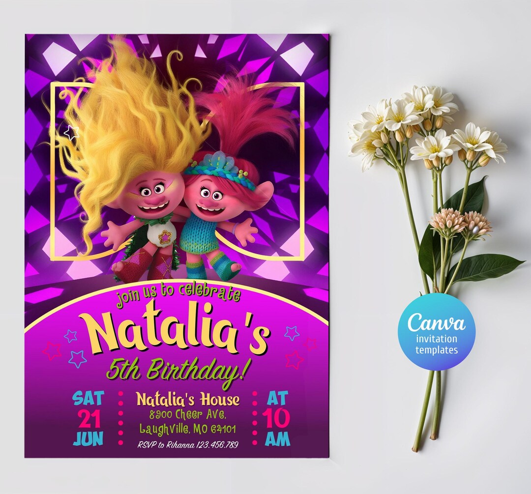 Convite editável de trolls, convite de aniversário para impressão ...