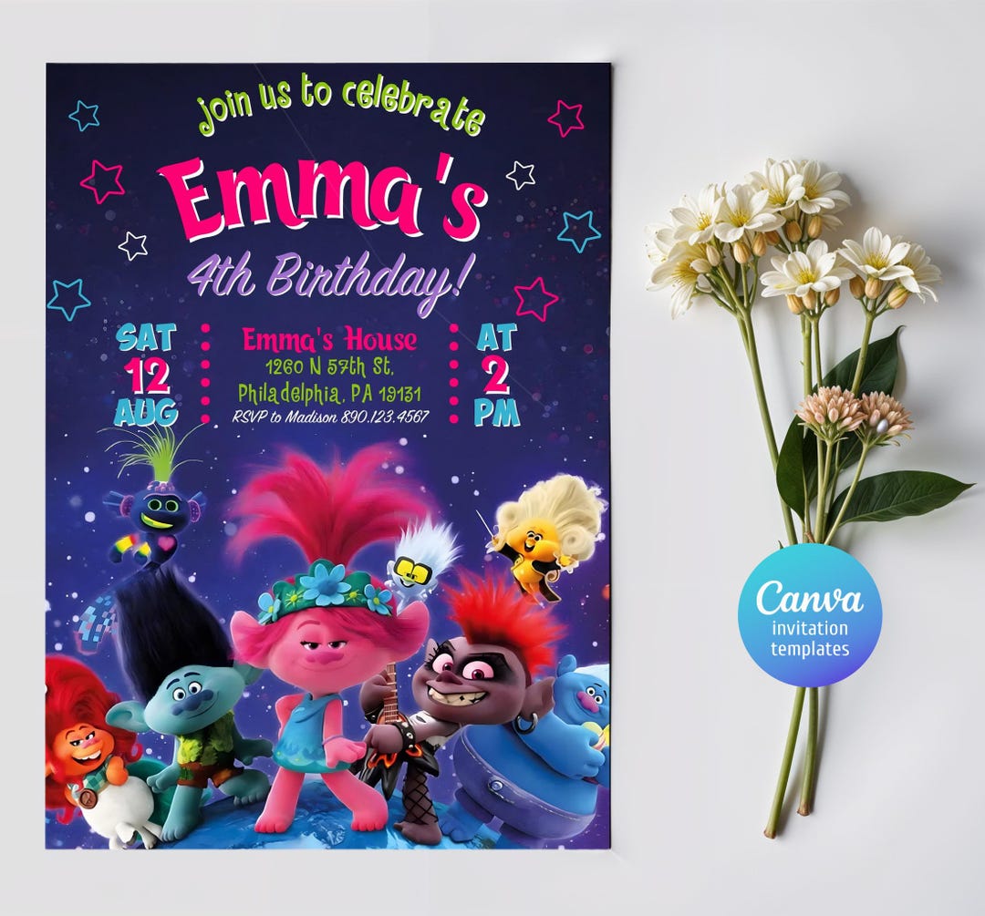Editable Trolls Invite, Printable Birthday Invitation, Girl Birthday ...