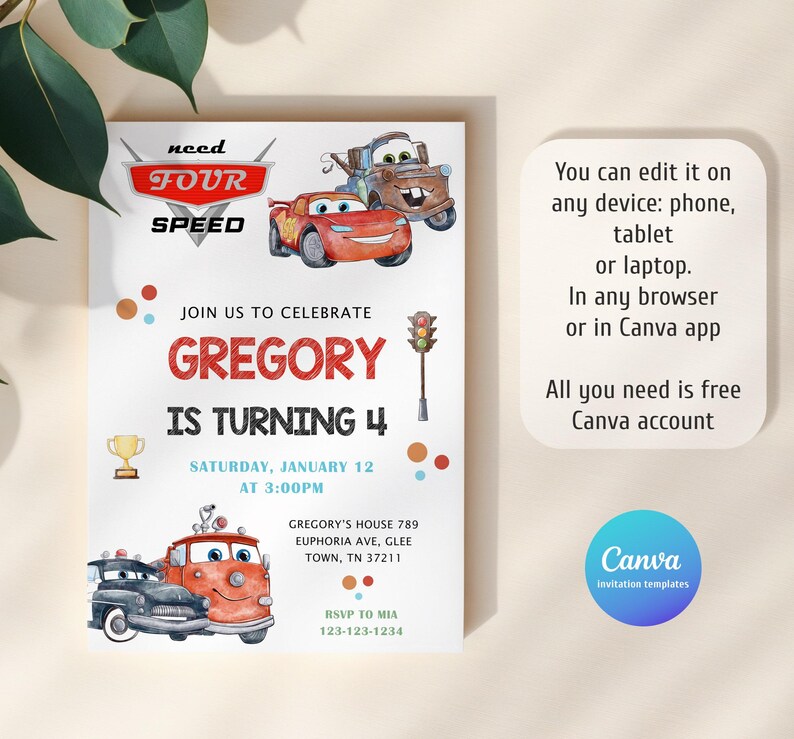 Printable Cars Invitation, Lightning Mcqueen Invite, Birthday Party ...