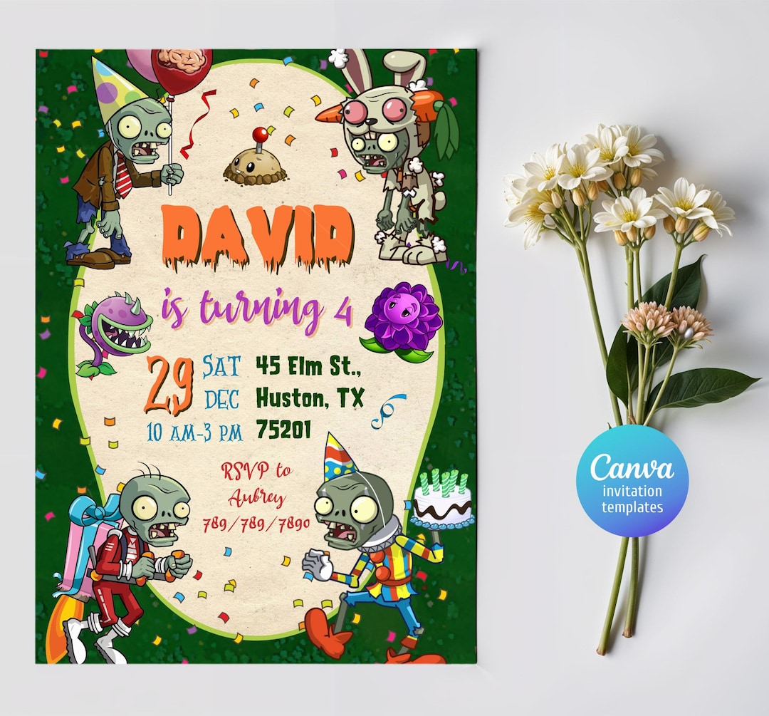 Plants Vs Zombies Birthday Invitation, Game Invite, Printable Editable ...