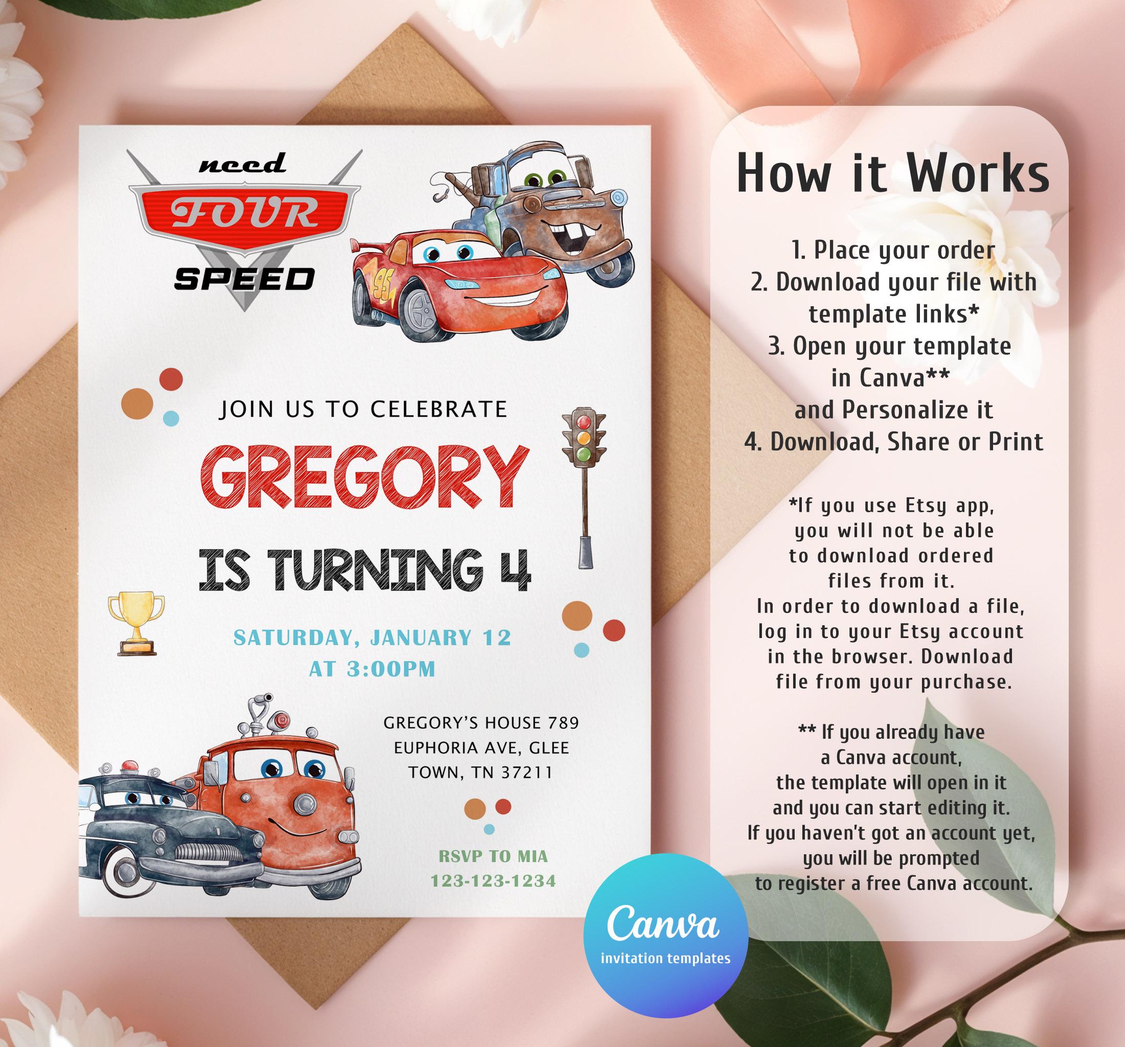 Printable Cars Invitation, Lightning Mcqueen Invite, Birthday Party ...