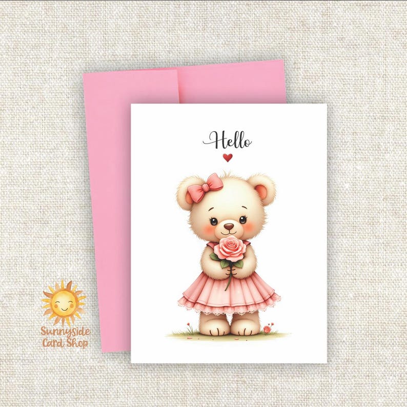 Pink Teddy Bear Note Cards: Hello, Whimsical Stationery Envelopes - Etsy