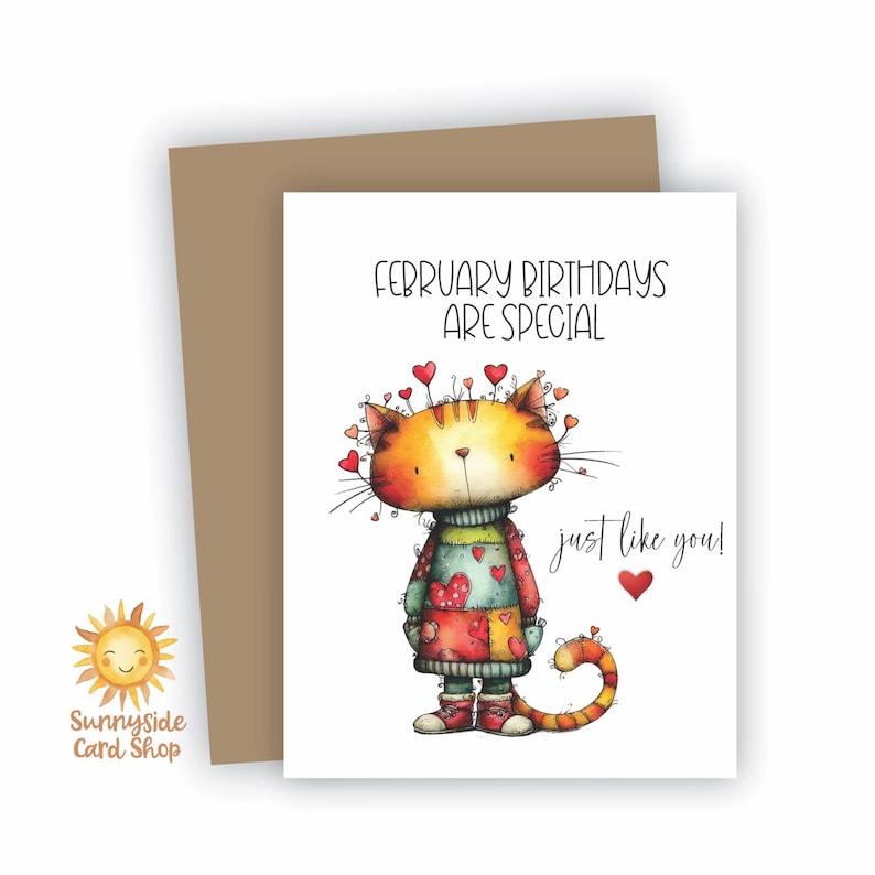 February Whimsy Cat Birthday Greeting Card: Special Like You - Etsy
