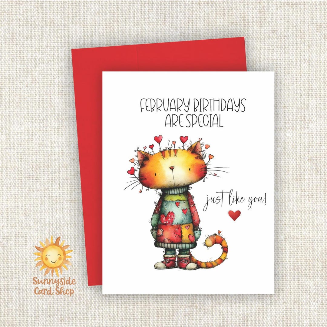 February Whimsy Cat Birthday Greeting Card: Special Like You - Etsy