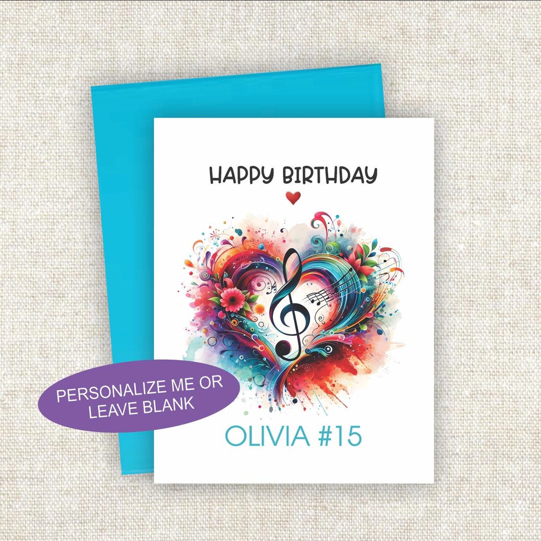 Personalized Music Note Birthday Greeting Card: Watercolor, Teens, Band ...