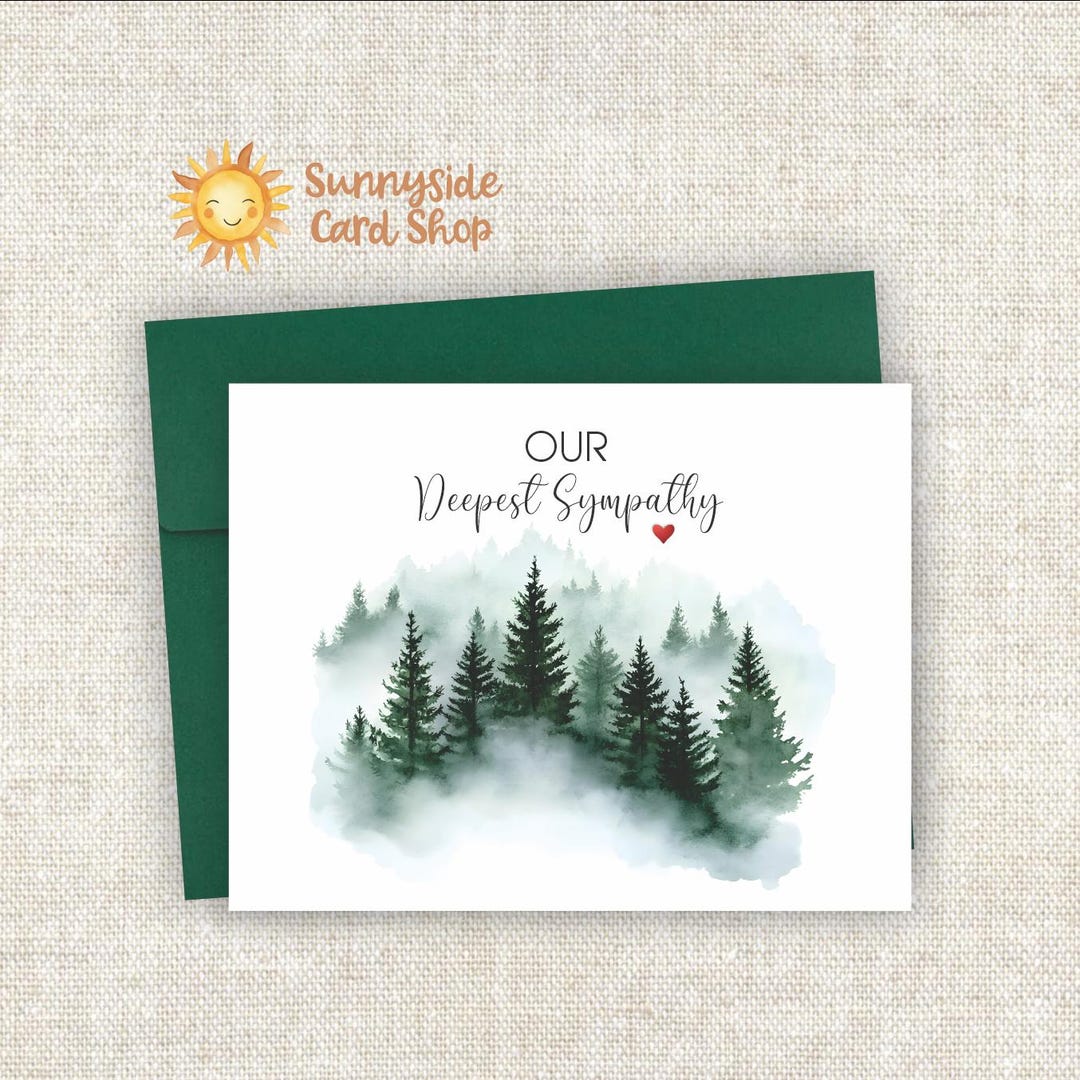 Misty Mountain Pine Trees Sympathy Card: Heartfelt Condolences - Blank ...