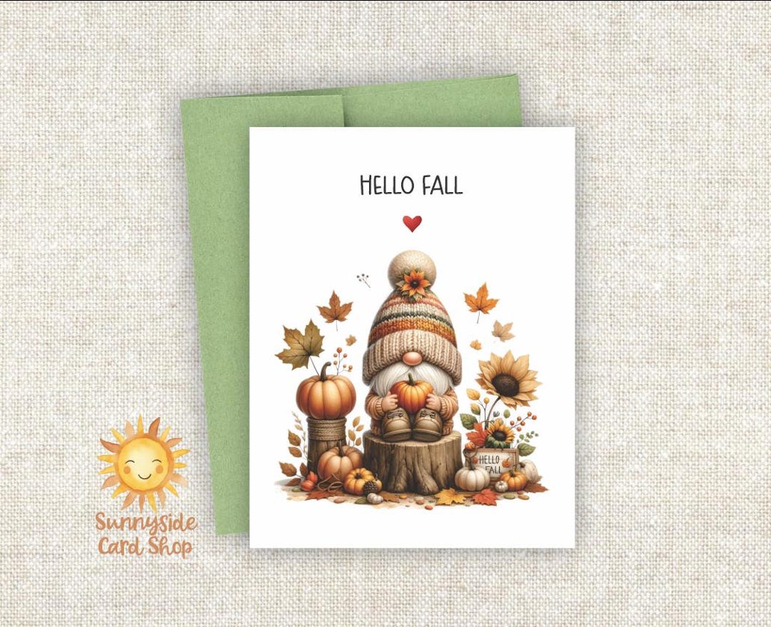 Gnome Hello Fall Card Set: Autumn Harvest, Pumpkins, Sunflowers (8 ...