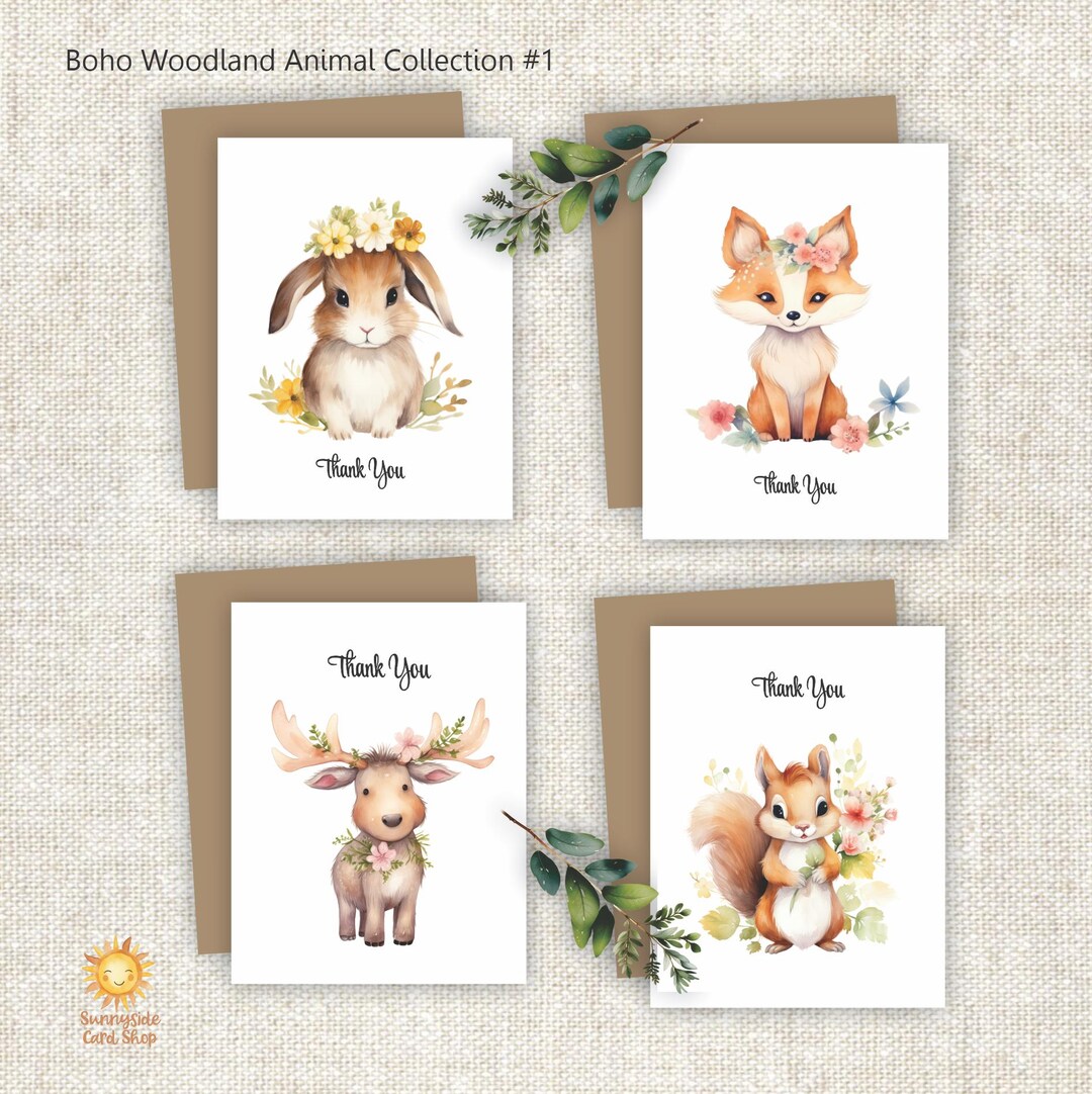 Woodland Baby Animal Thank You Card Set: Floral Bunny Fox Moose ...