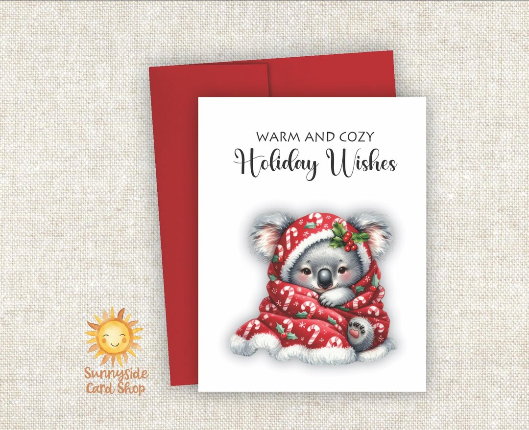 Koala Christmas Card: Warm Holiday Wishes, Holly Blanket - Etsy