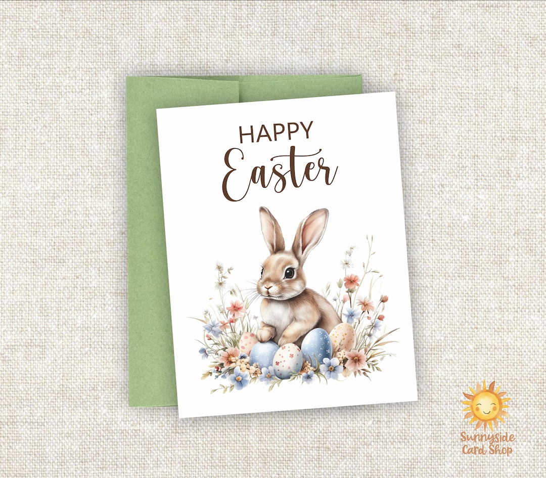 Happy Easter Watercolor Bunny Eggs Card Set, Folded Note Whimsy ...