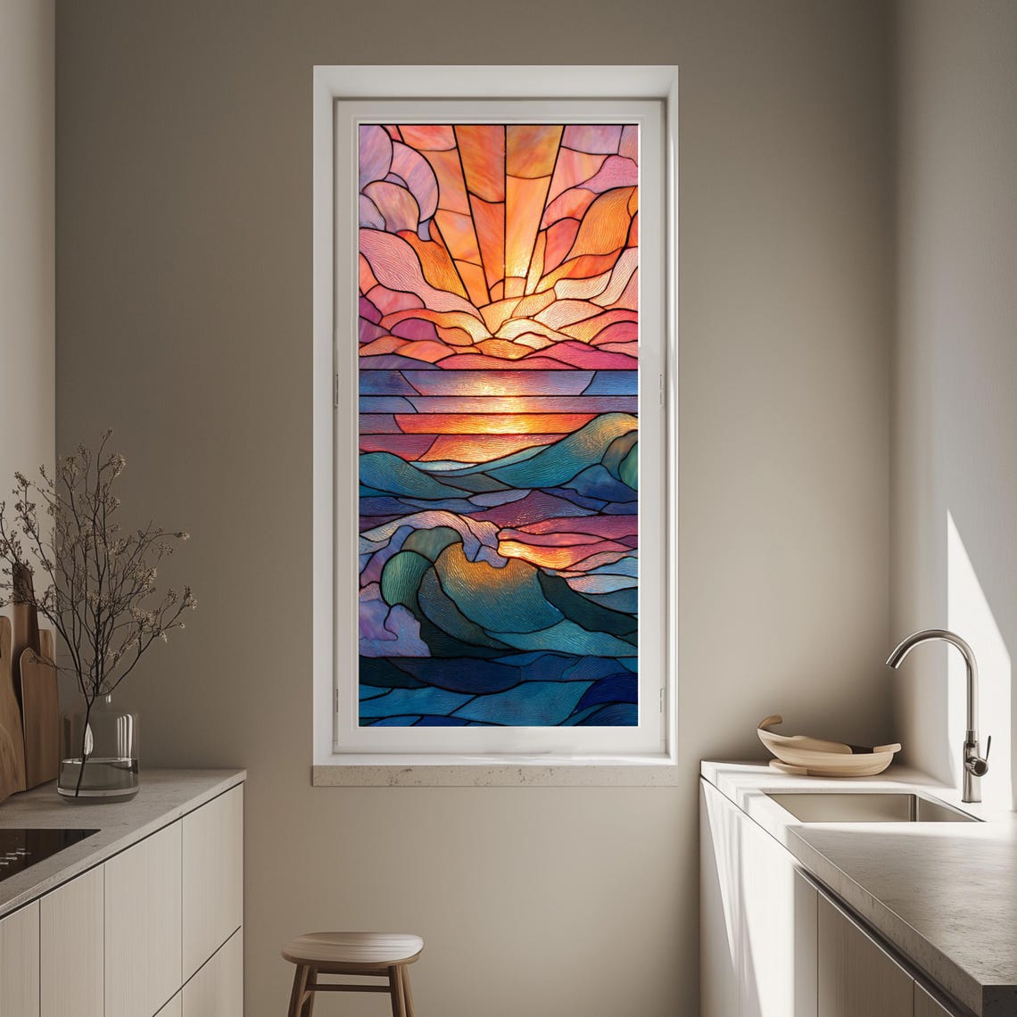 Sunset Ocean Stained Glass Window Film | Custom Size, Privacy - Etsy