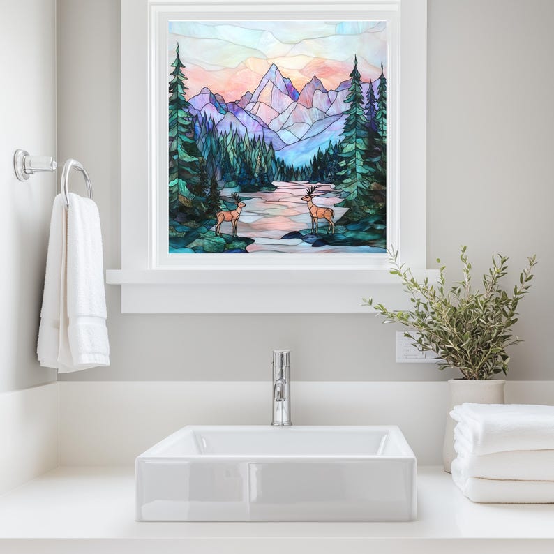 Frosted Mountain & Deer Window Film | Custom Size, Privacy - Etsy