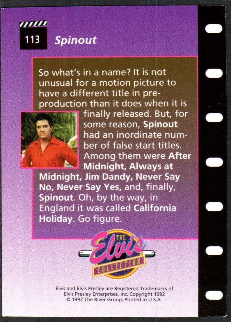 1992 River Group the Elvis Presley Collection Elvis Movies Spinout #113 ...
