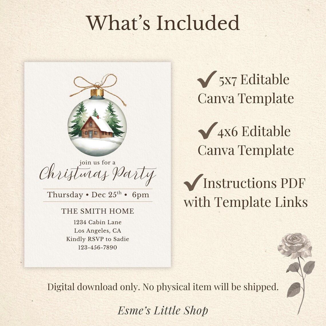 Christmas Party Invitation Template, Rustic Cabin Holiday Editable ...