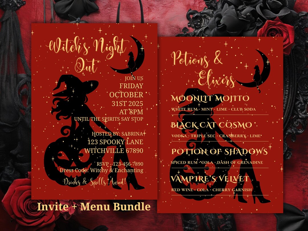 Halloween Cocktail Menu & Witch Party Invitation Bundle, Gothic Potion ...