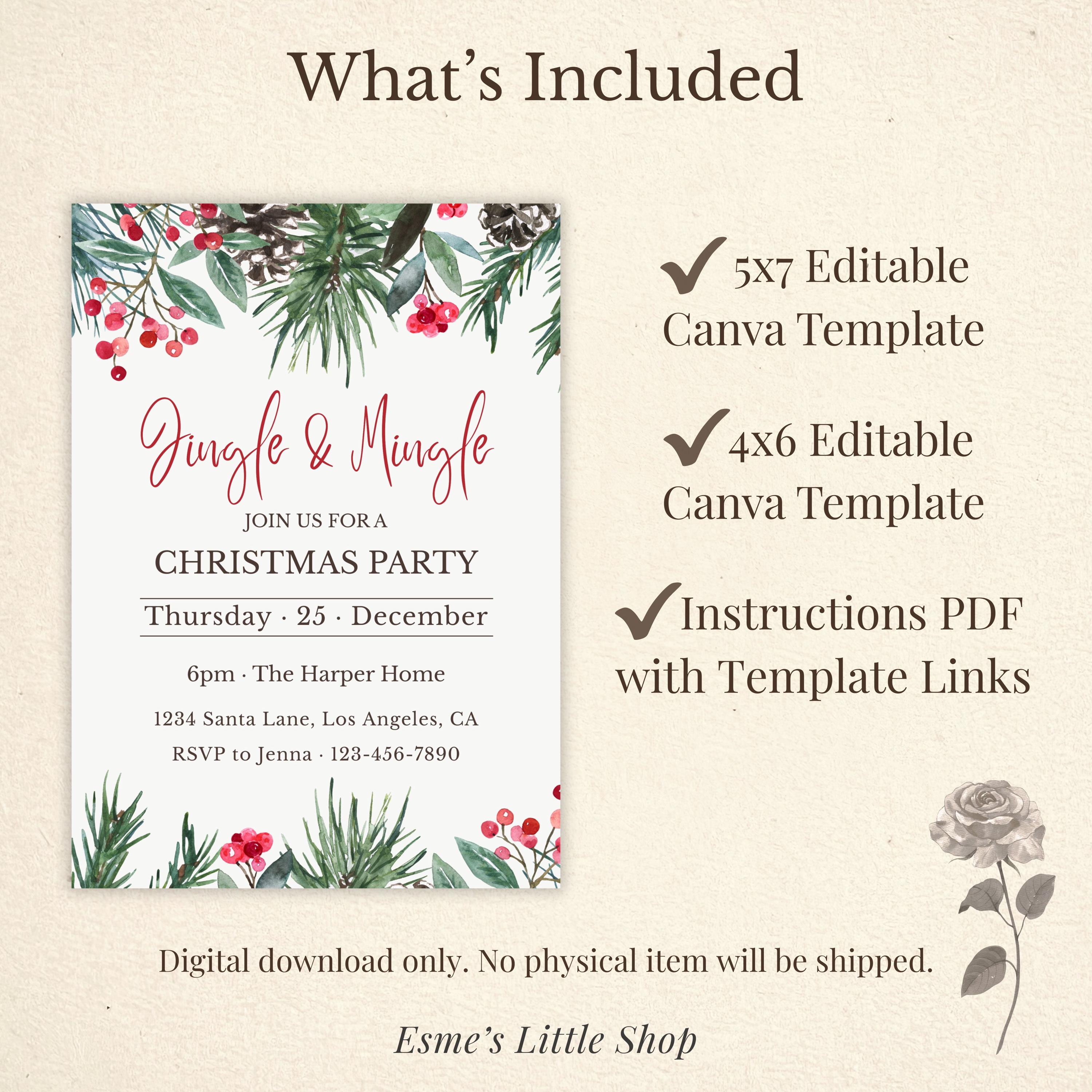 Christmas Party Invitation Template, Editable Holiday Dinner Invite ...