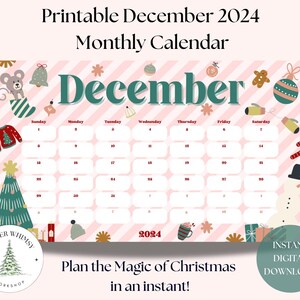 Printable Pink Illustrated December 2024 Blank Christmas Monthly ...