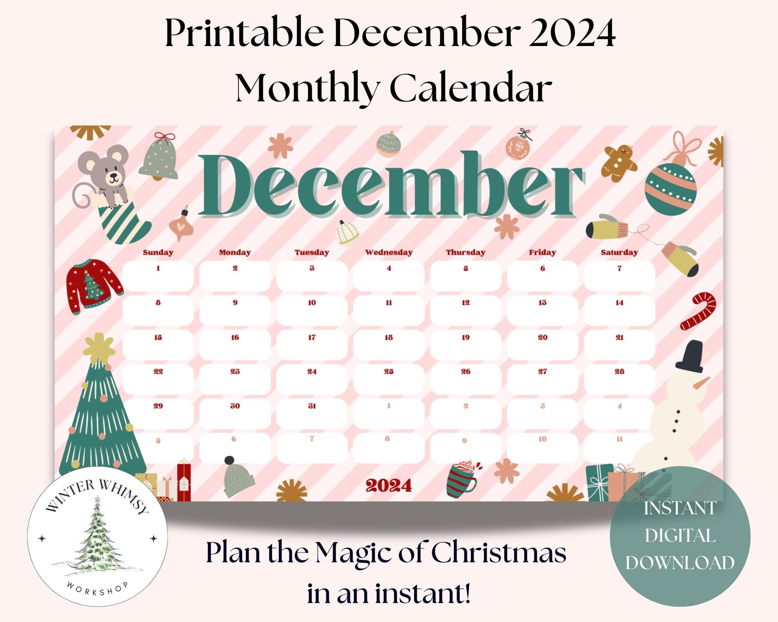Printable Pink Illustrated December 2024 Blank Christmas Monthly ...