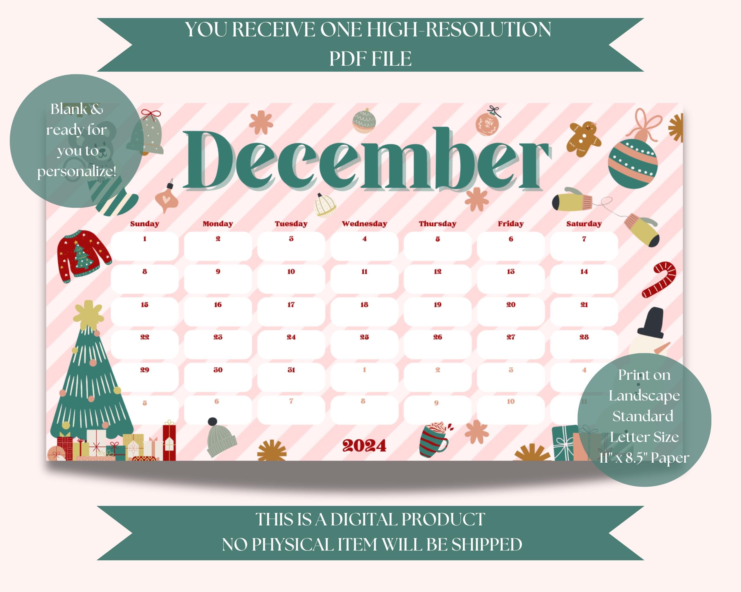 Printable Pink Illustrated December 2024 Blank Christmas Monthly ...