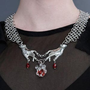 Gothic Chainmail Collar, Victorian Mourning Hands Necklace With ...