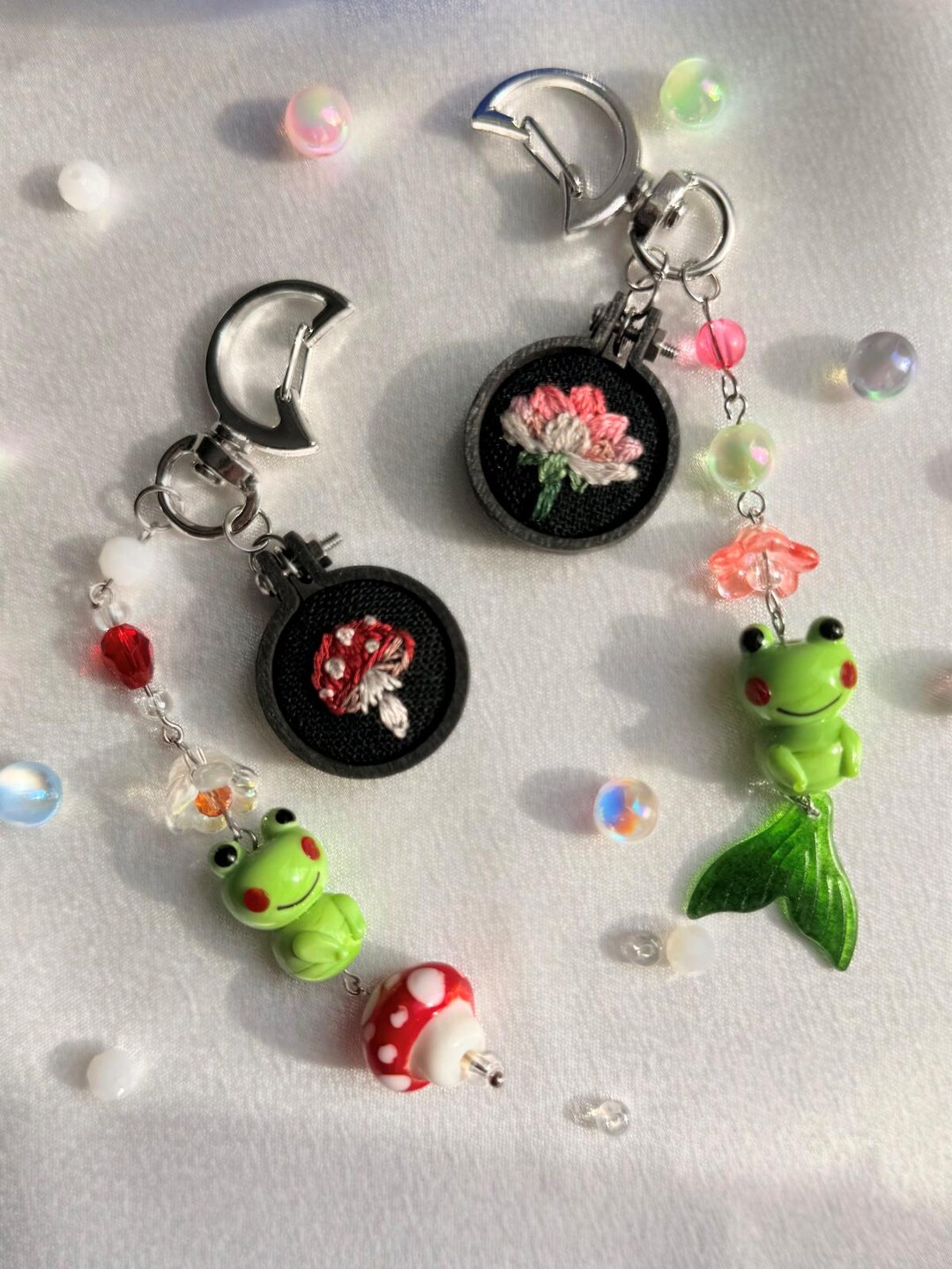 Froggy Keychain With Mushrooms and Flowers | Handmade Mini Embroidery ...