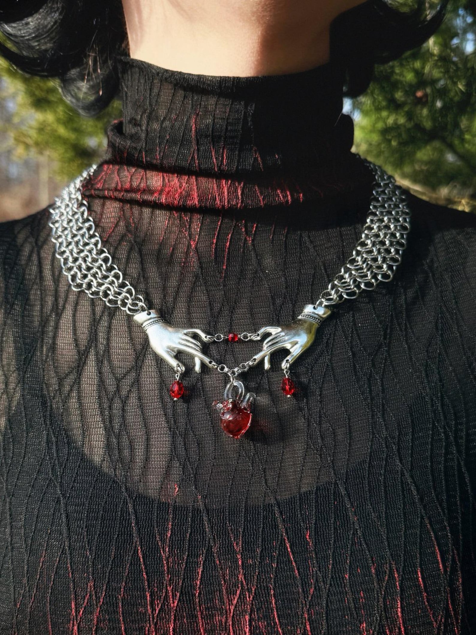 Gothic Chainmail Collar, Victorian Mourning Hands Necklace With ...