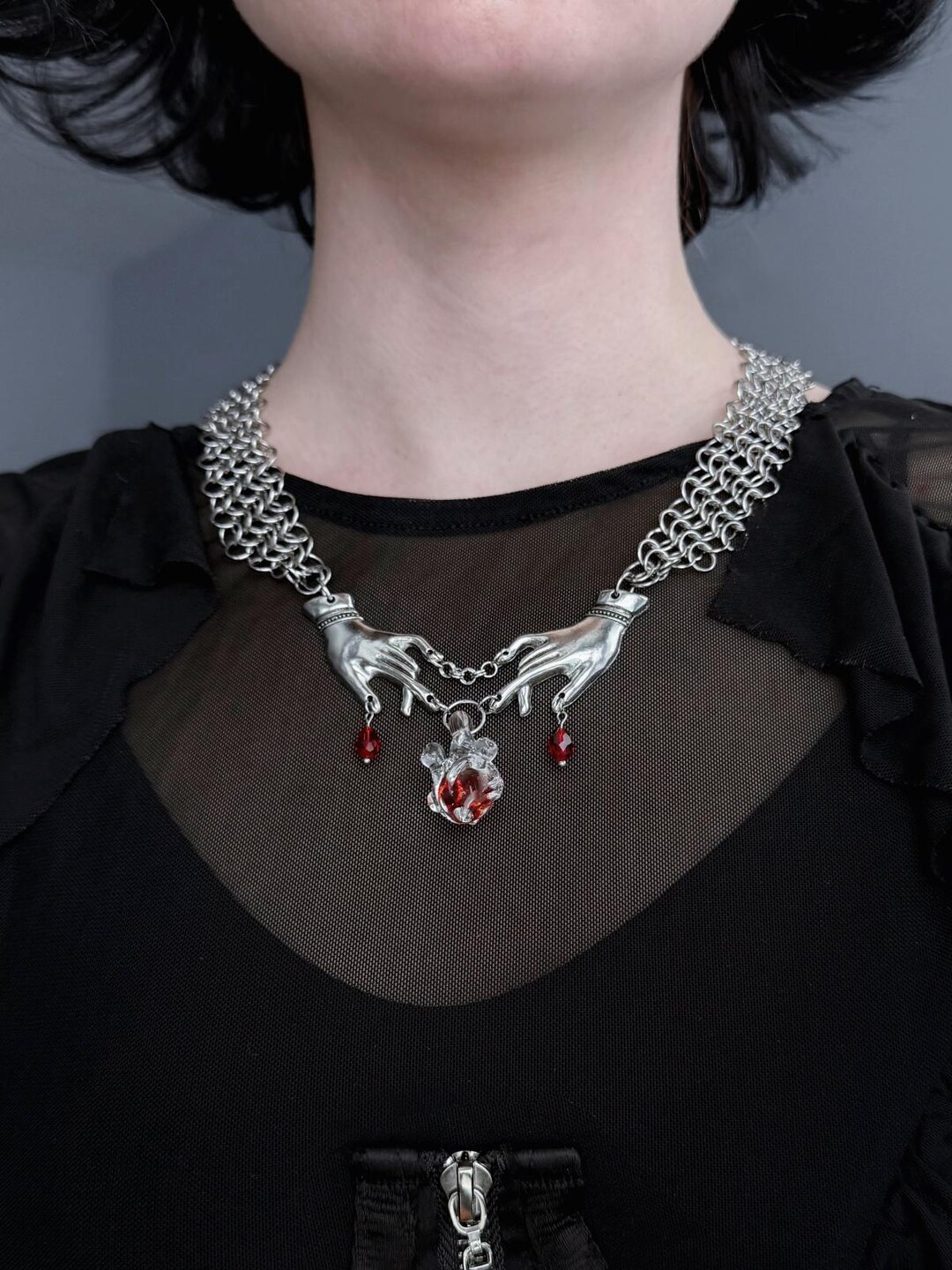 Gothic Chainmail Collar, Victorian Mourning Hands Necklace With ...