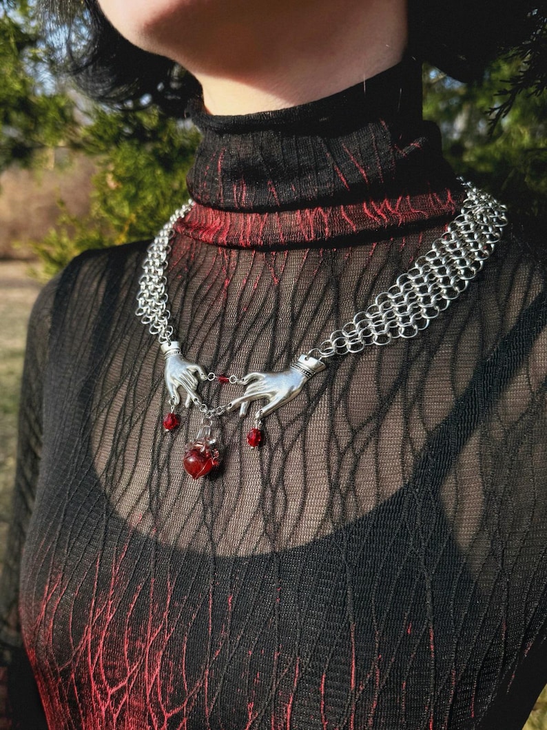 Gothic Chainmail Collar, Victorian Mourning Hands Necklace With ...