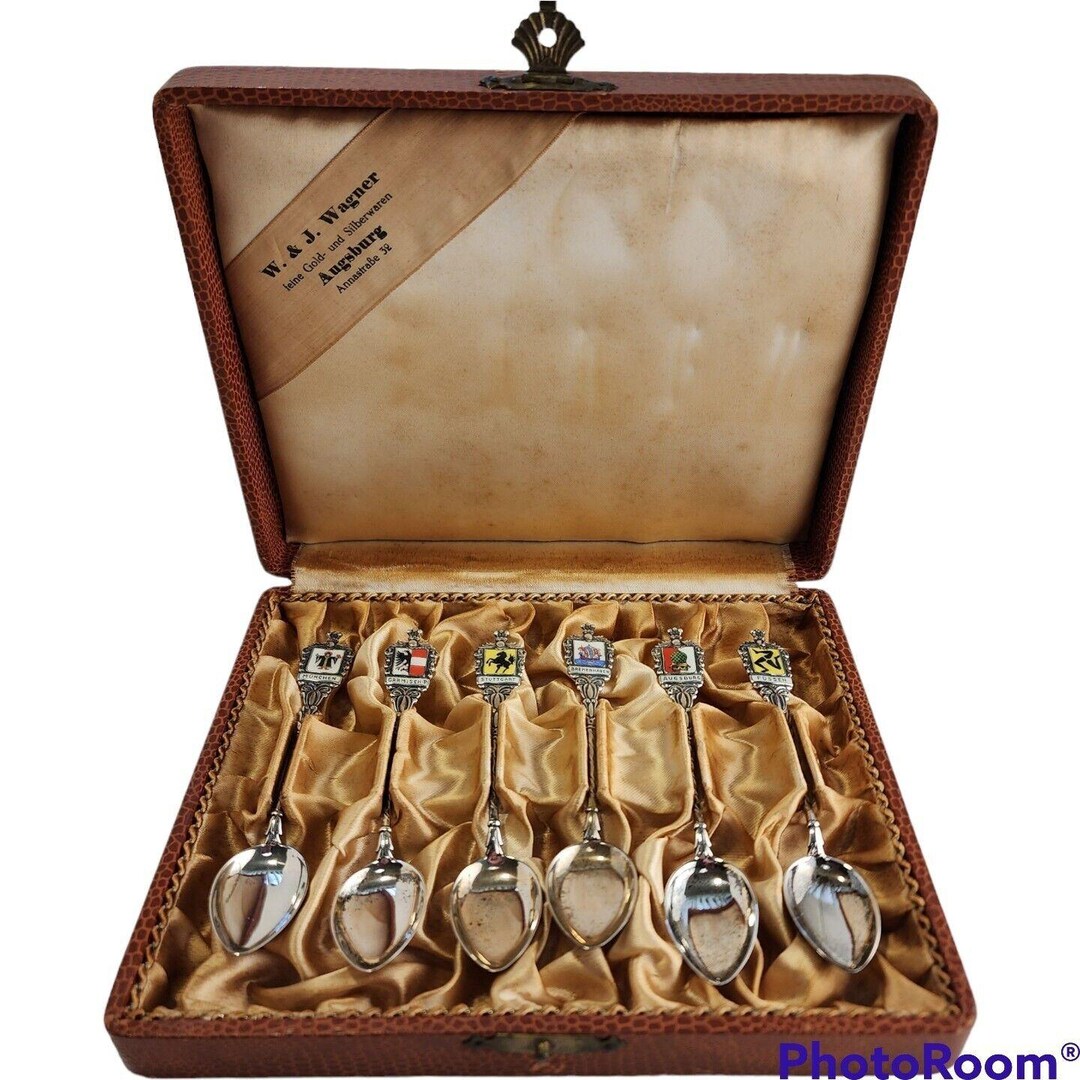 6 Antique W&J Wagner 800 Silver Enamel German Souvenir Demitasse Spoons ...