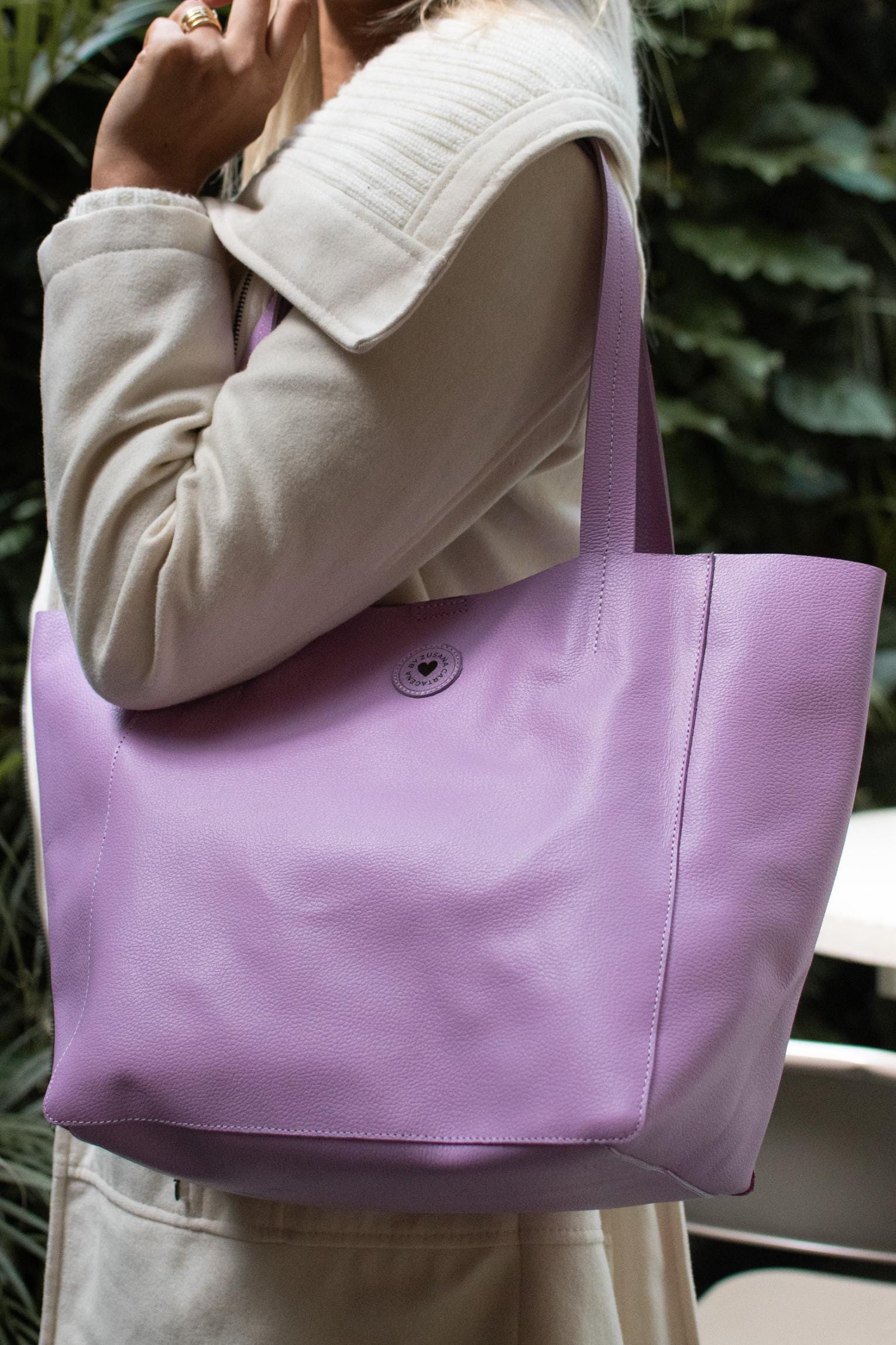Purple Leather Tote Bag. Lilac Leather Purse, Lightweight Handbag for ...