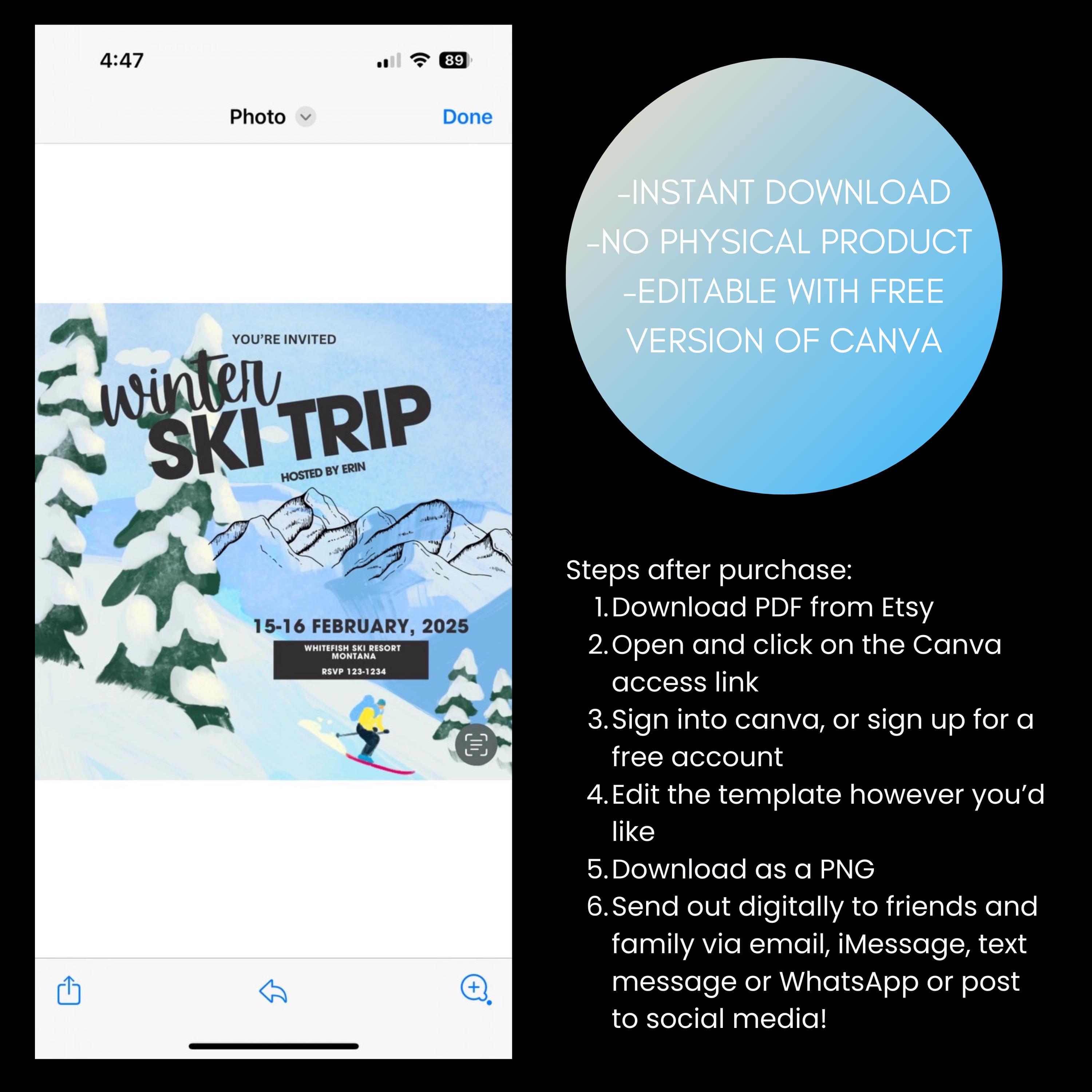 Ski or Snowboard Trip Invitation Template, 100% Editable Digital Invite ...