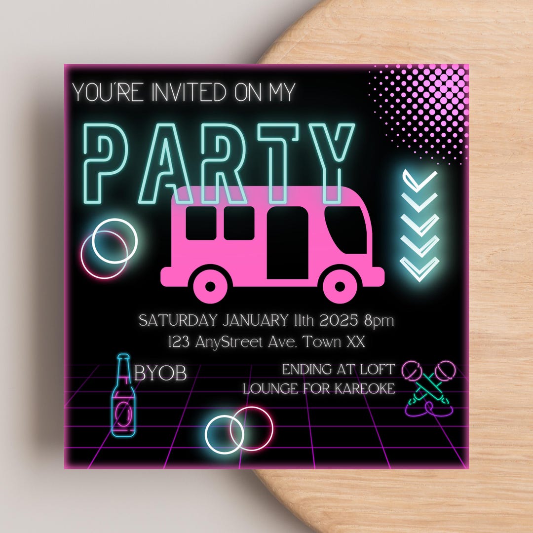 Party Bus Invitation Template, 100% Editable Digital Square Invite, VIP ...