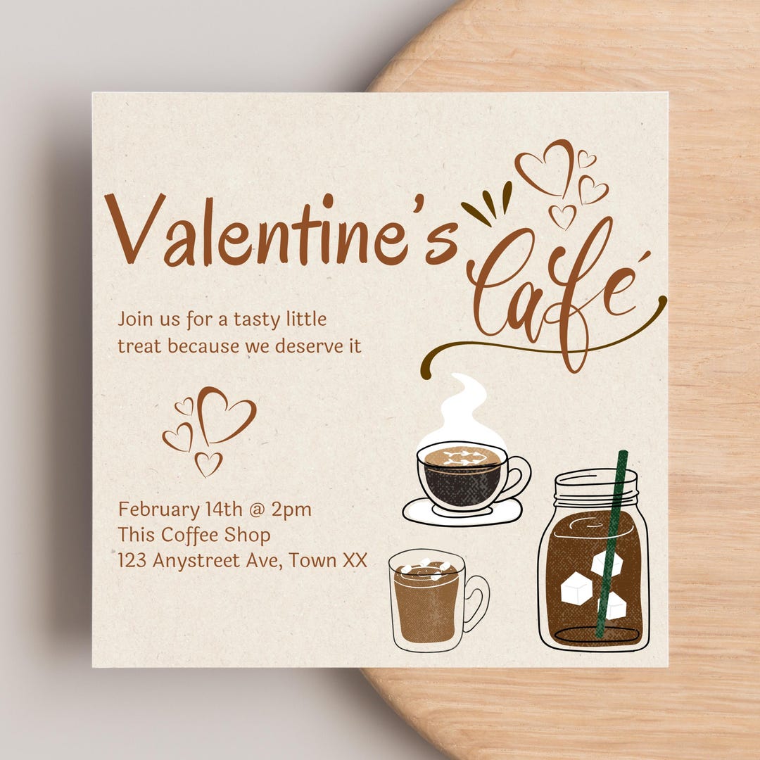 Valentine's Cafe Invitation Template, 100% Editable Digital Square ...