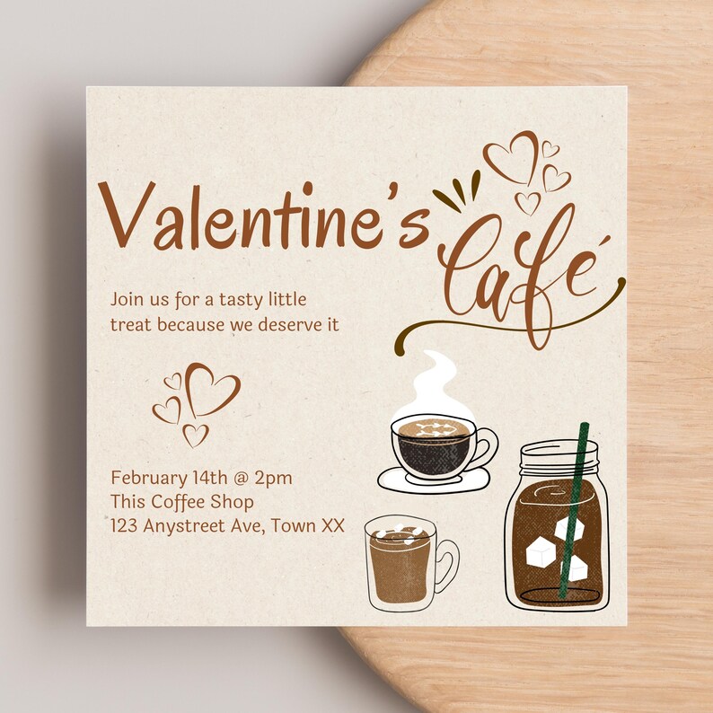 Valentine's Cafe Invitation Template, 100% Editable Digital Square ...