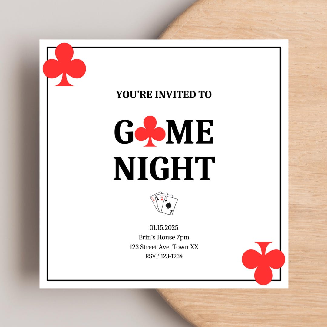 Game Night Invitation Template, 100% Editable Digital Invite, Card Game ...