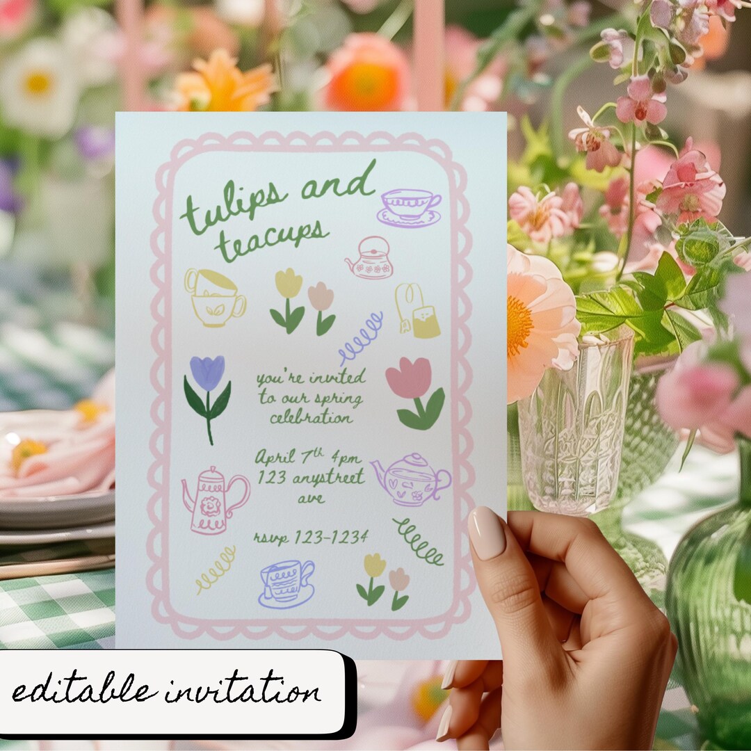 Spring Tea Party Invitation Template, Editable 5x7 Printable Invite ...